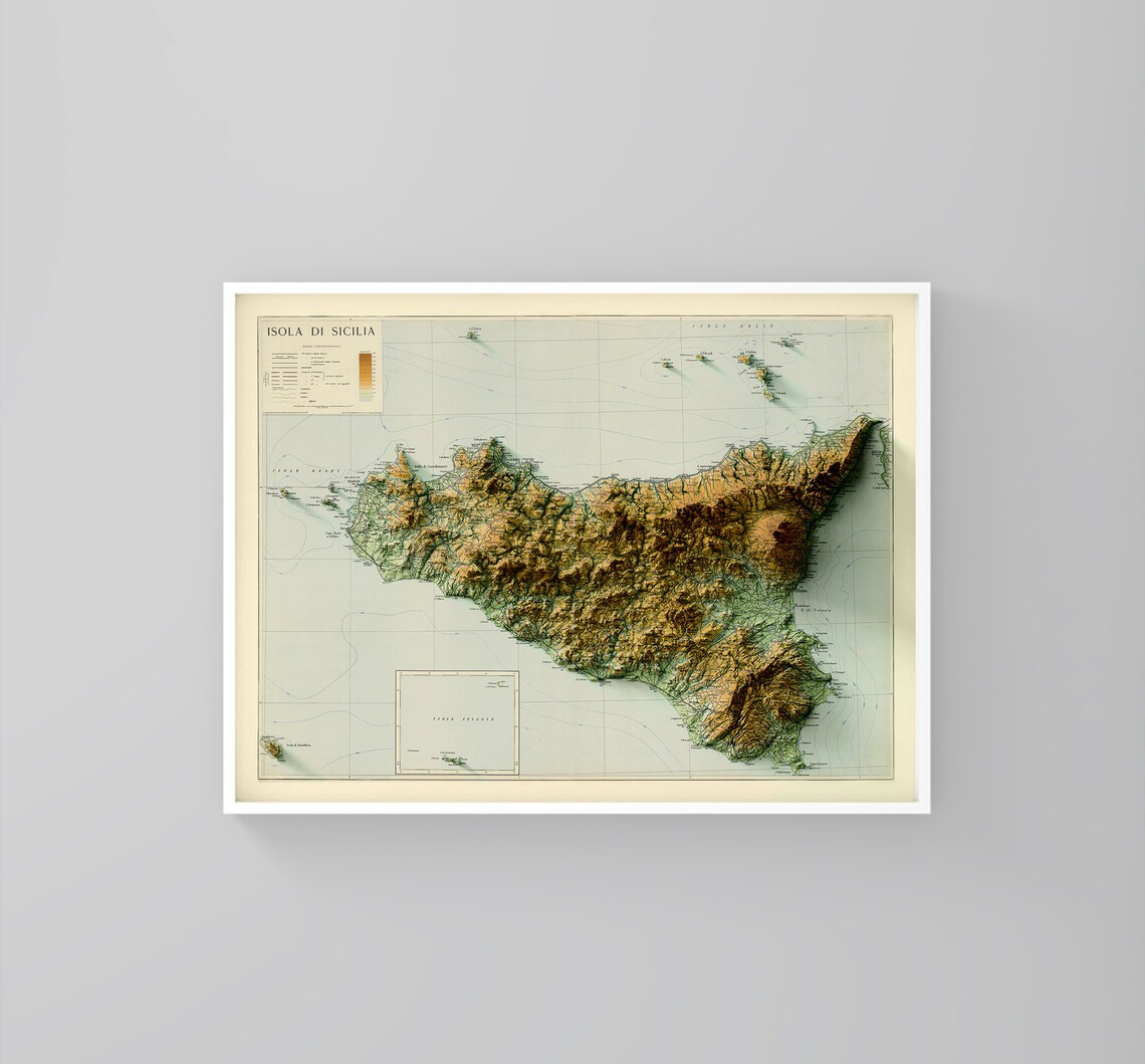 Sicily Map, Sicilia Map, Sicily 2D Relief Map, Sicily Vintage Map ...