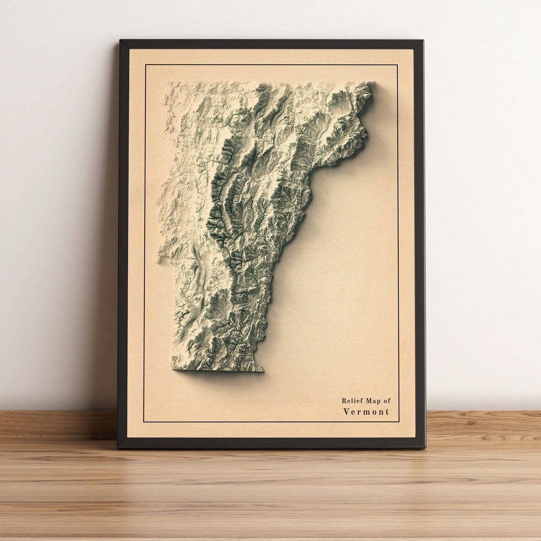 Vermont Map, Vermont 2D Relief Map, Vermont Minimalist Poster, Vermont ...