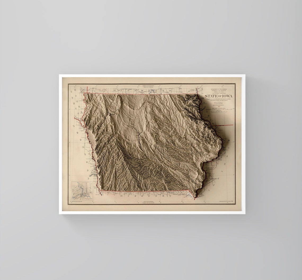 Iowa Map, Iowa 2D Relief Map, Iowa Vintage Map, Iowa Old Map, Iowa ...