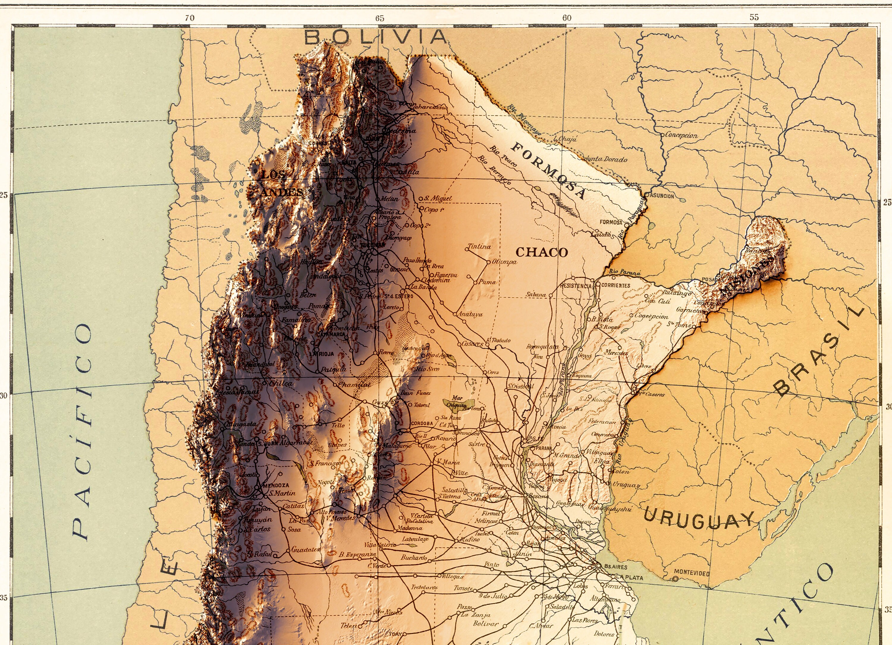 Argentina Map, Argentina 2D Relief Map, Argentina Vintage Map ...