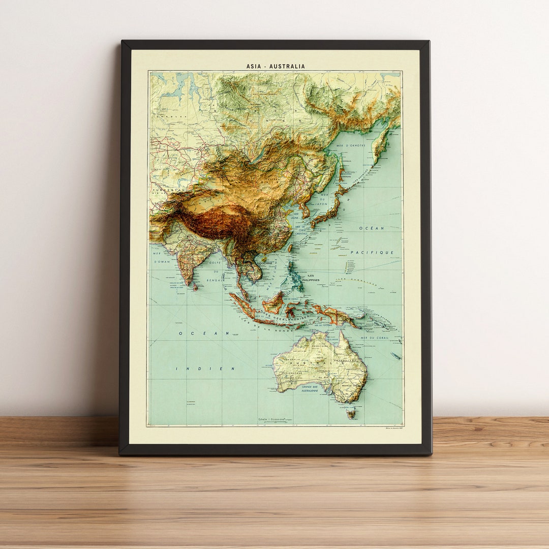 Asia Map, Asia 2D Relief Map, Asia Vintage Map, Asia Poster, Australia ...