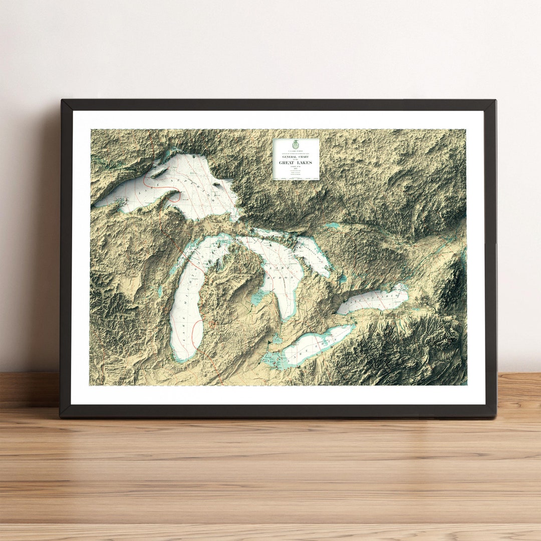 Great Lakes Map, Great Lakes (USA & Canada) 2D Relief Map, Great Lakes ...