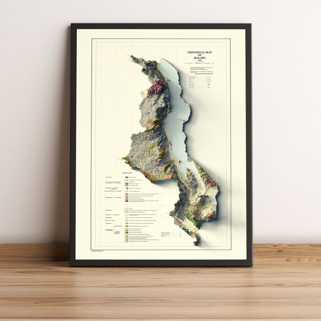 Malawi Map, Malawi Geological 2D Relief Map, Malawi Vintage Poster Map ...