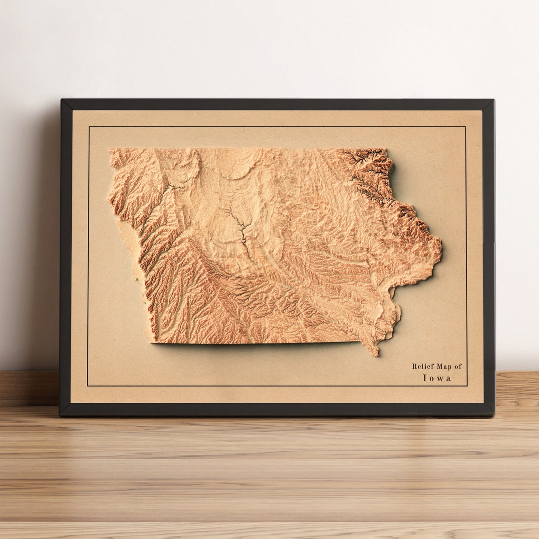 Iowa Map, Iowa 2D Relief Map, Iowa Vintage Map, Iowa Minimalist Map ...