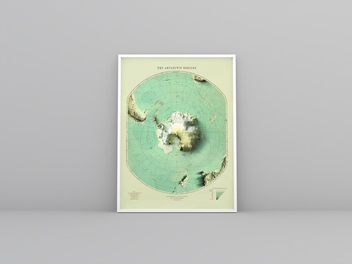 Antarctica Map, Antarctica 2D Relief Map, Antarctica Vintage Map ...