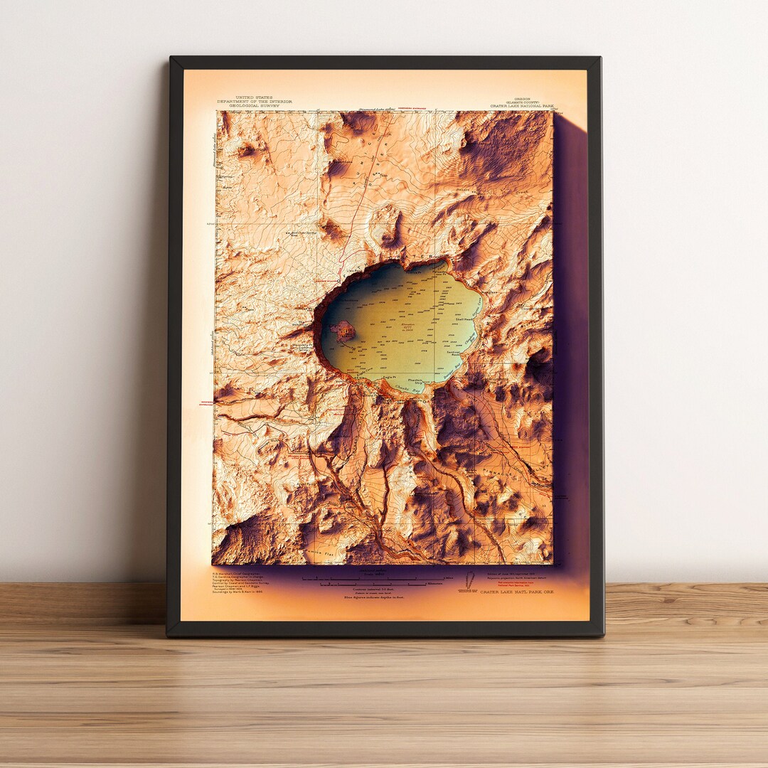 Crater Lake Oregon Map (sunset Version), Crater Lake 2D Relief Map ...