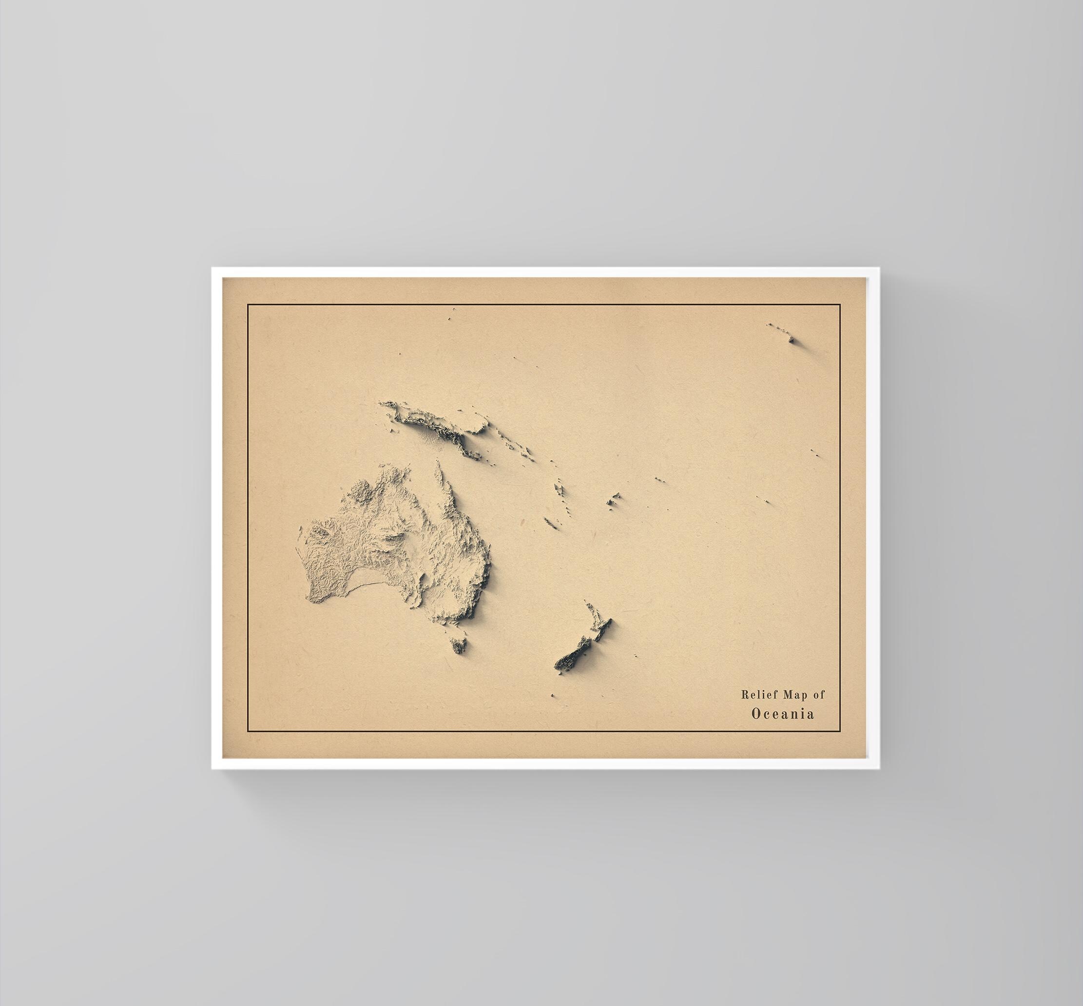 Oceania Map, Oceania 2D Relief Map, Oceania Minimalist Poster, Oceania ...