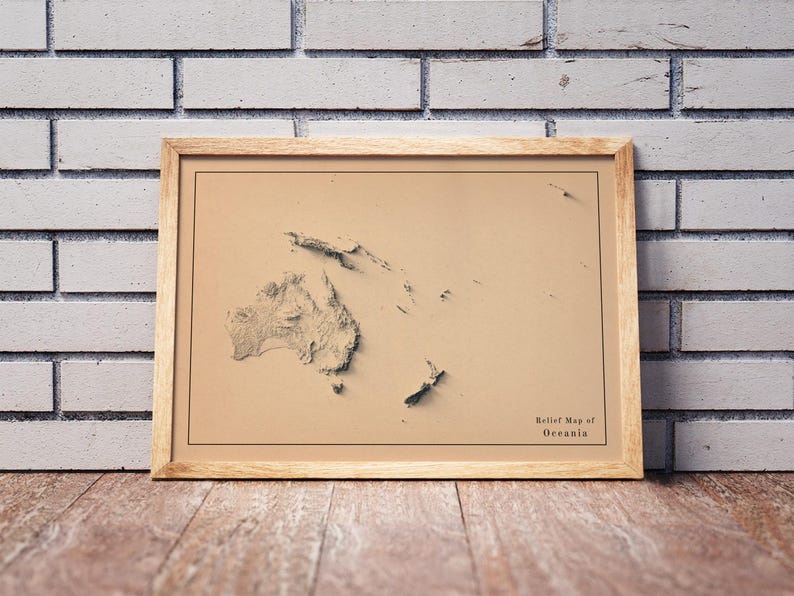 Oceania Map, Oceania 2D Relief Map, Oceania Minimalist Poster, Oceania ...
