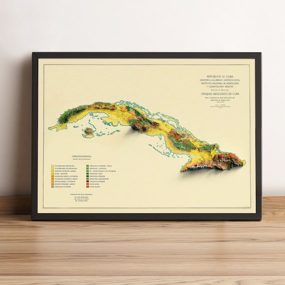 Mapa de Cuba Mapa en relieve 2D de Cuba Mapa vintage de - Etsy España