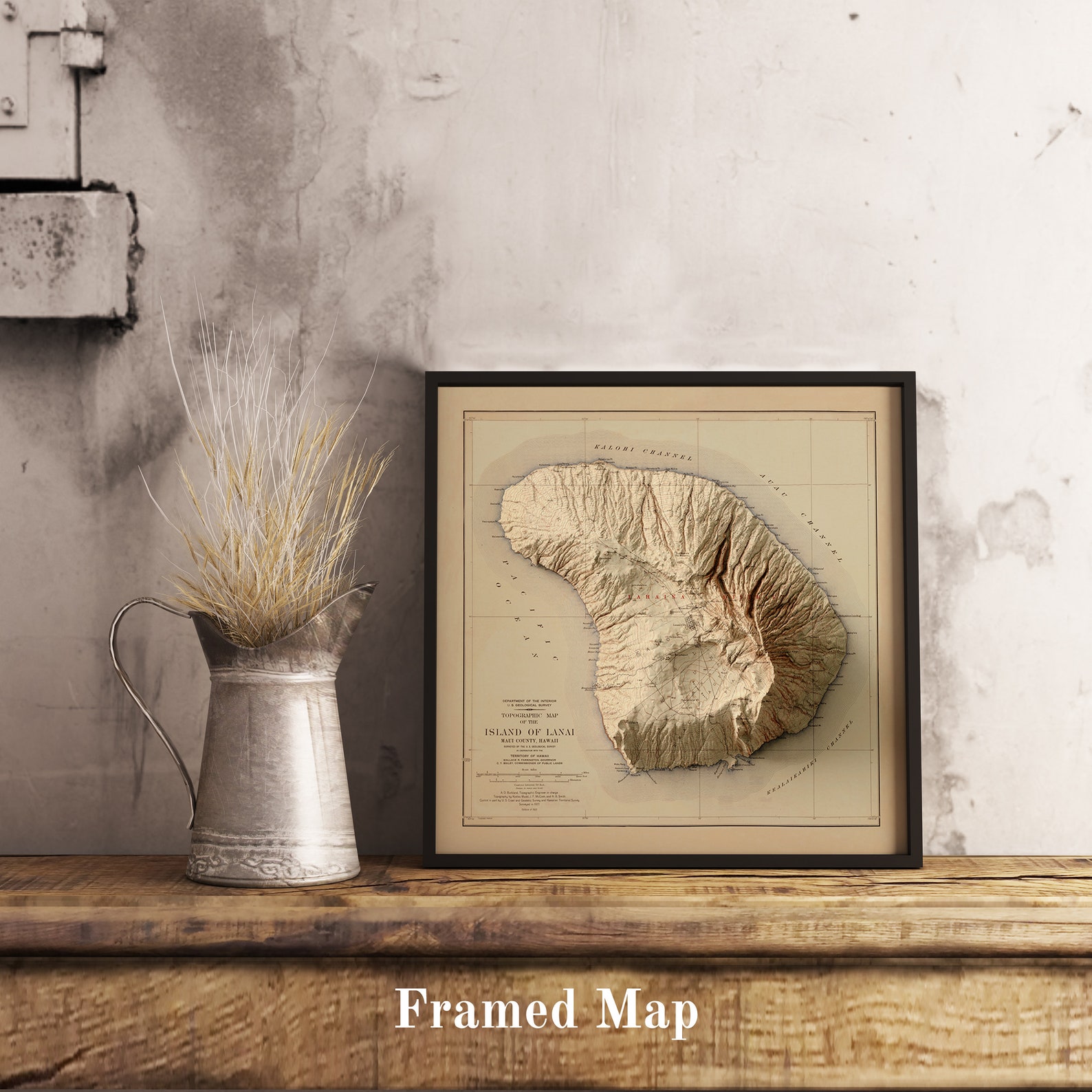 Lanai Island Map, Hawaii Map, Lanai 2D Relief Map, Lanai Vintage Old ...