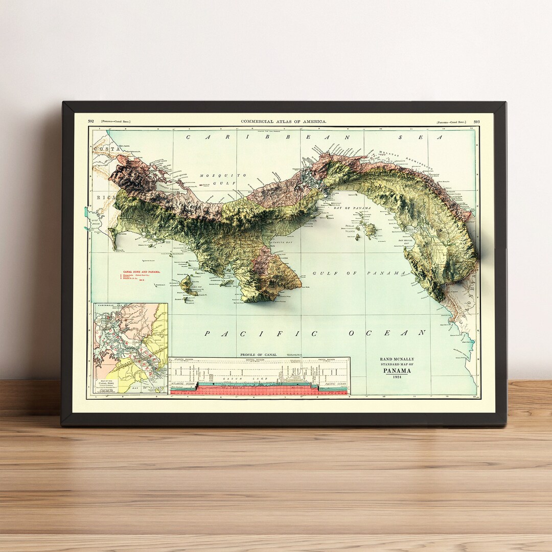 Panama Map, Panama 2D Relief Map, Panama Vintage Poster Map, Panama ...