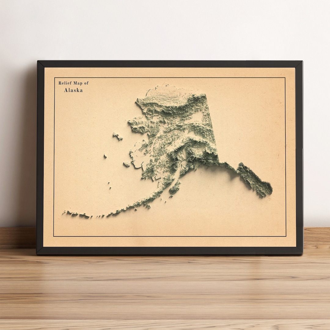 Alaska Map, Alaska 2D Relief Map, Alaska Print, Alaska Framed Map ...