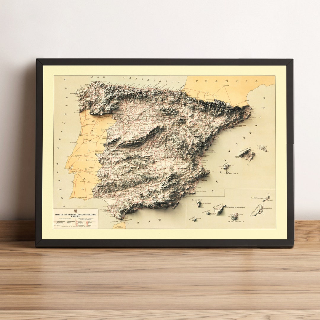 Spain Map, Spain 2D Relief Map, Spain Vintage Map, Spain Holidays Gift ...