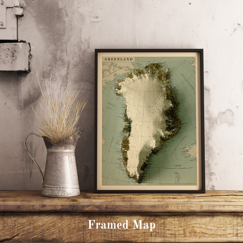 Greenland Map, Greenland 2D Relief Map, Denmark Map, Greenland Print ...