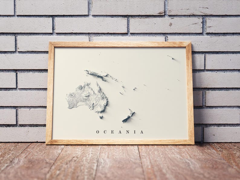 Oceania Map, Oceania 2D Relief Map, Oceania Minimalist Poster, Oceania ...