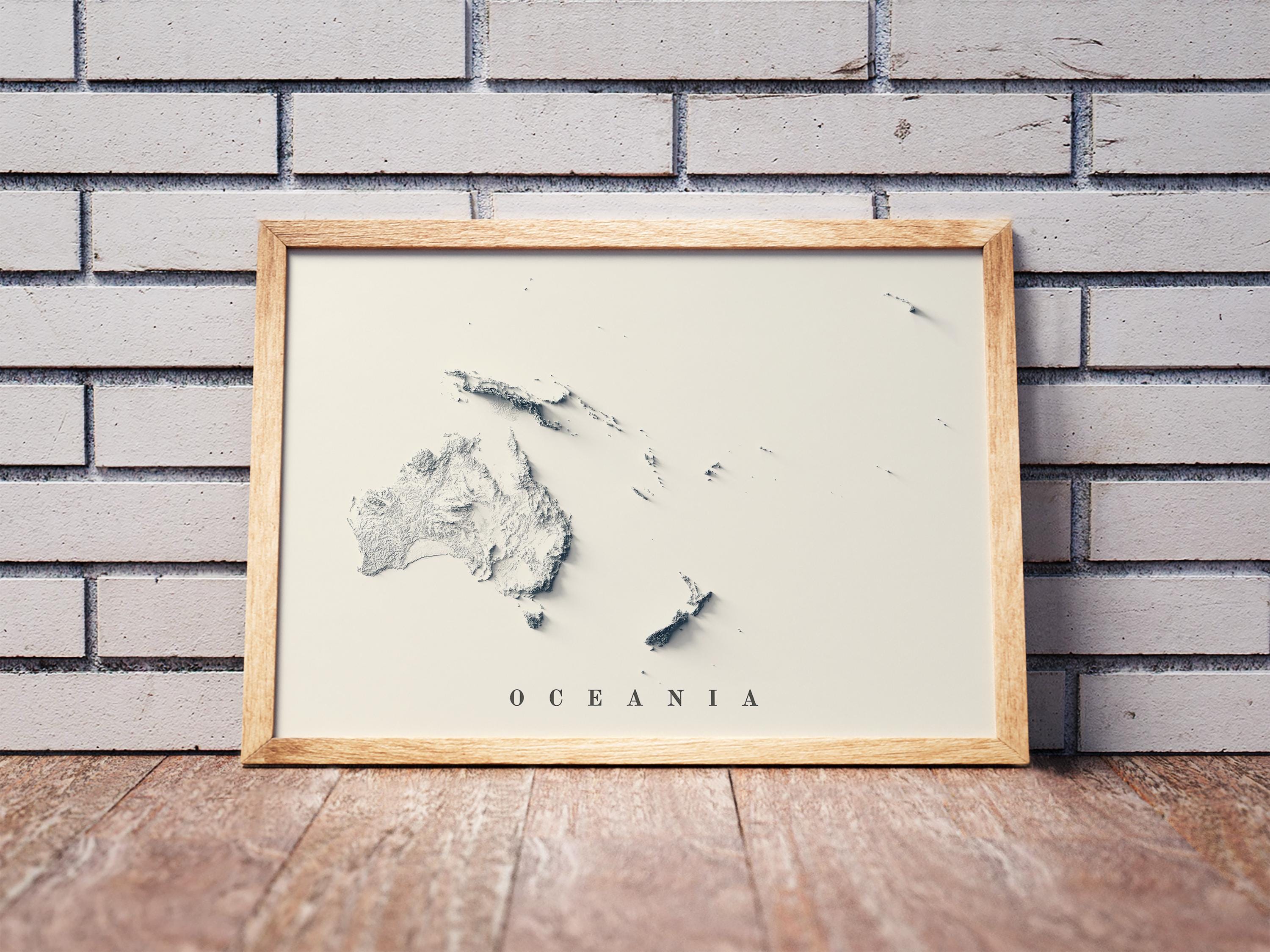 Oceania Map, Oceania 2D Relief Map, Oceania Minimalist Poster, Oceania ...