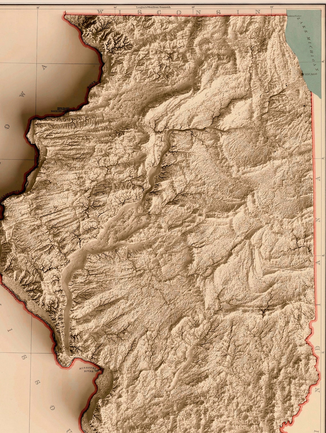 Illinois Map, Illinois 2D Relief Map, Illinois Vintage Old Map ...