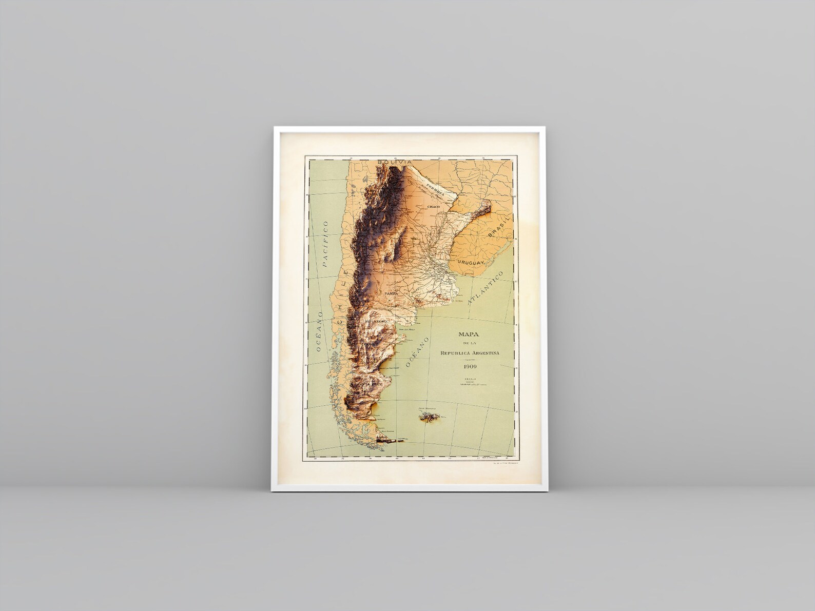 Argentina Map, Argentina 2D Relief Map, Argentina Vintage Map ...