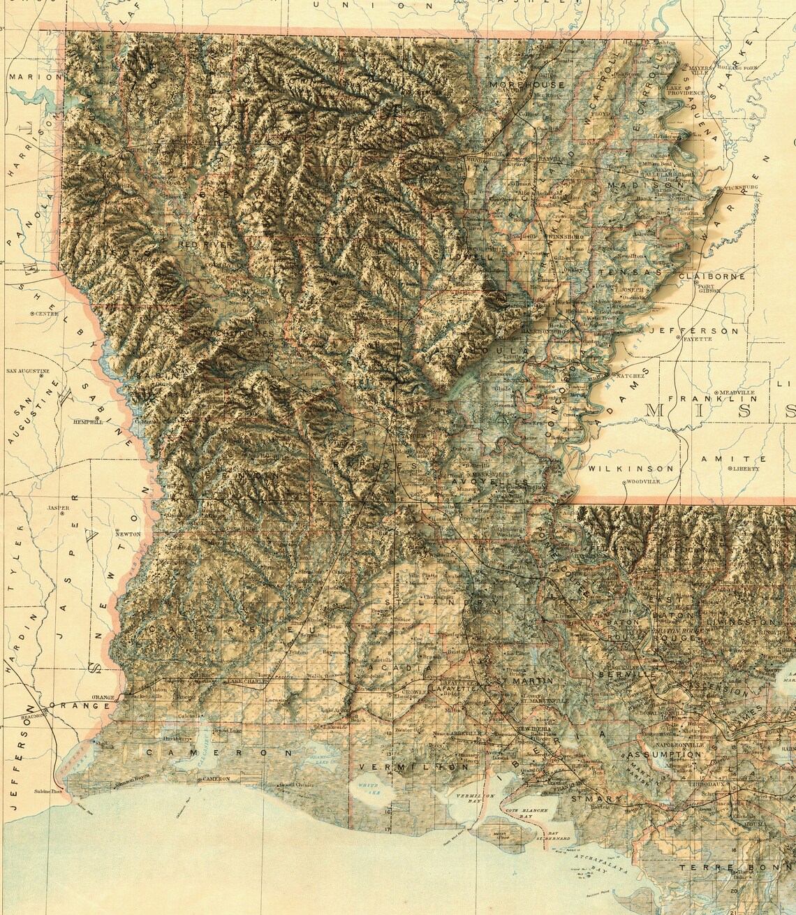 Louisiana Map Louisiana 2D Relief Map Louisiana Old Map - Etsy