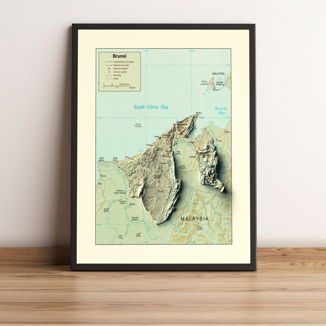 Brunei Map, Brunei 2D Relief Map, Brunei Vintage Map, Brunei Poster ...
