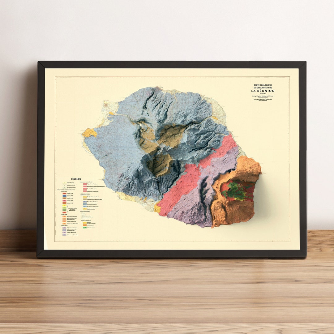 Mapa de Reunión, mapa en relieve 2D de Reunión, mapa vintage de Reunión ...