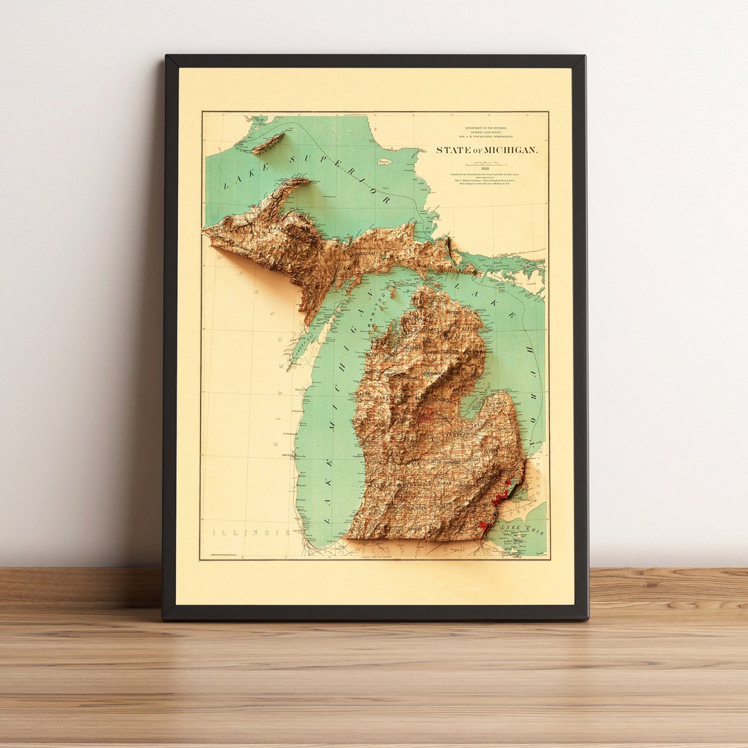 Michigan Map, Michigan 2D Relief Map, Michigan Vintage Poster Map ...