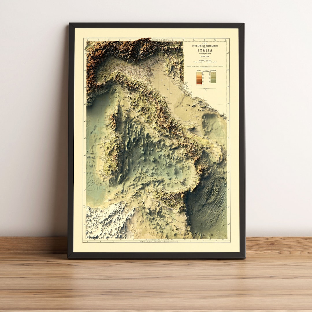Italy Bathymetric Map, Italy 2D Relief Map, Italy Vintage Map, Italy ...