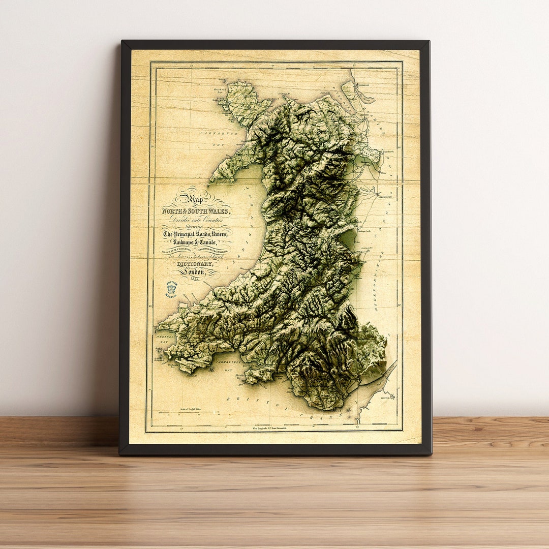 Wales Map, Wales 2D Relief Map, Wales Antique Map, Wales Vintage Map ...