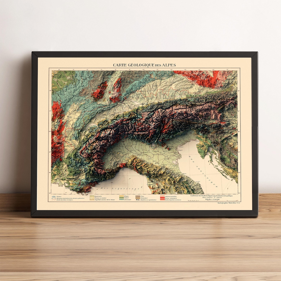 Alps 2D Vintage Shaded Relief Map | Vintage Poster Wall Art Print ...