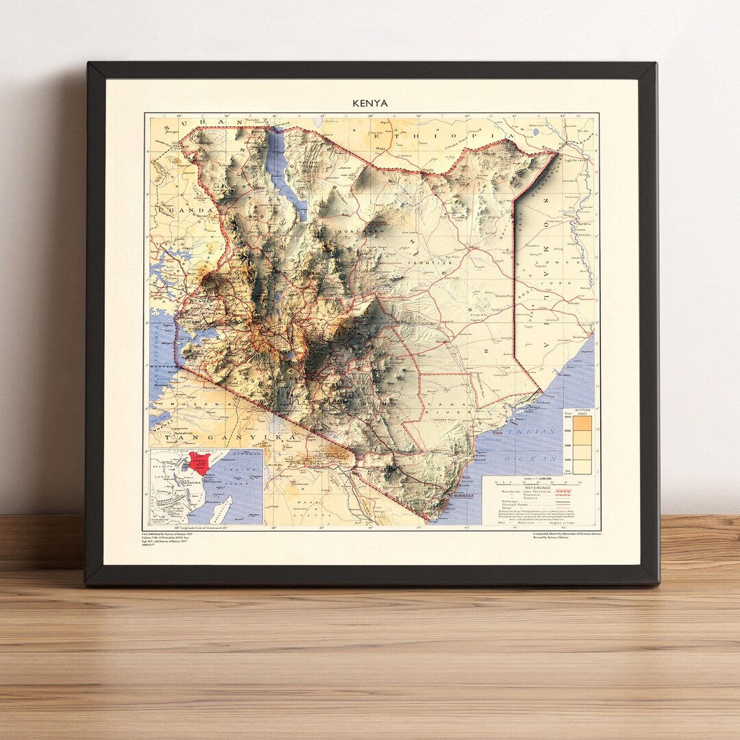 Kenya Map, Kenya 2D Relief Map, Kenya Poster, Kenya Vintage Map, Kenya ...