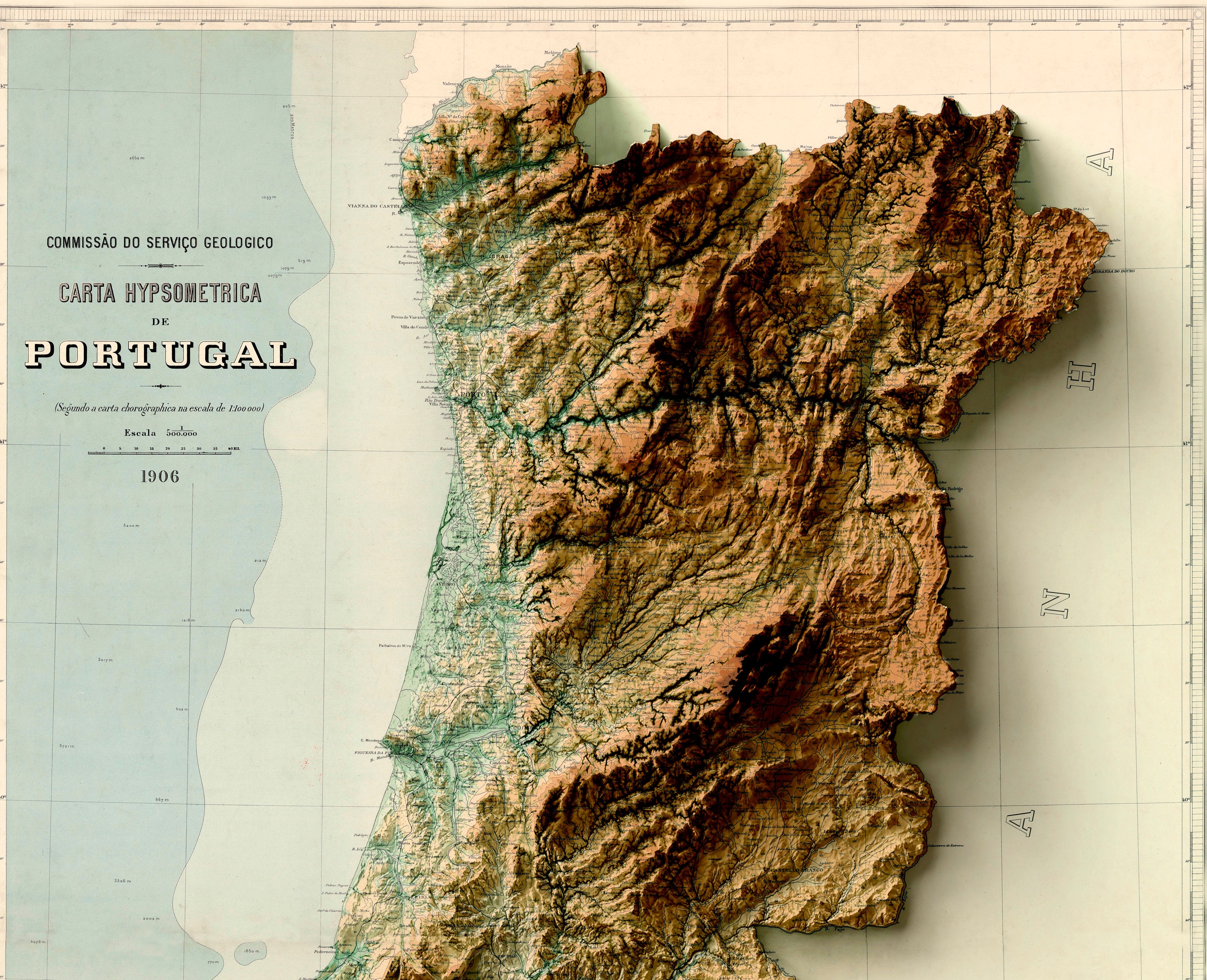 Portugal Map Portugal 2D Relief Map Portugal Vintage Map - Etsy