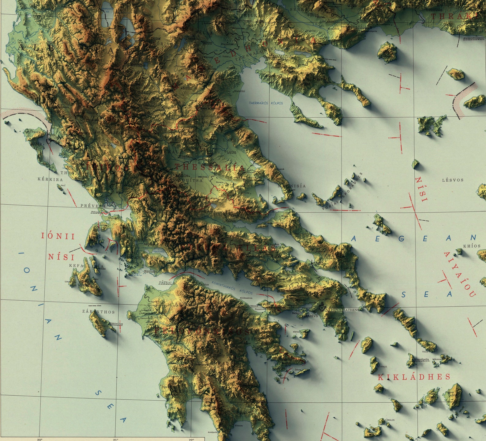 Greece Map Greece 2D Relief Map Greece Vintage Map Greece - Etsy