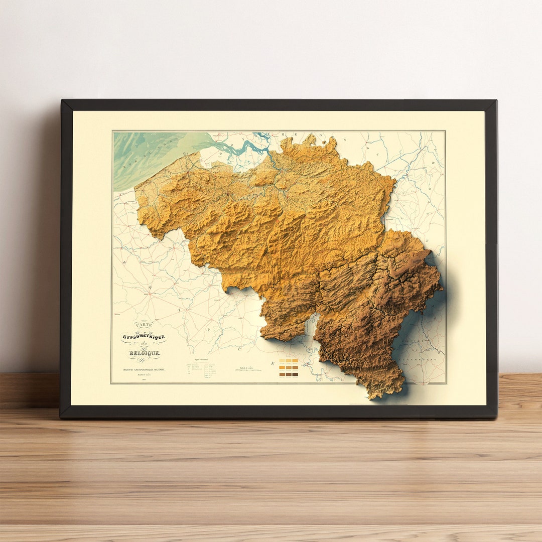 Belgium Map, Belgium 2D Relief Map, Belgium Vintage Poster Map, Belgium ...