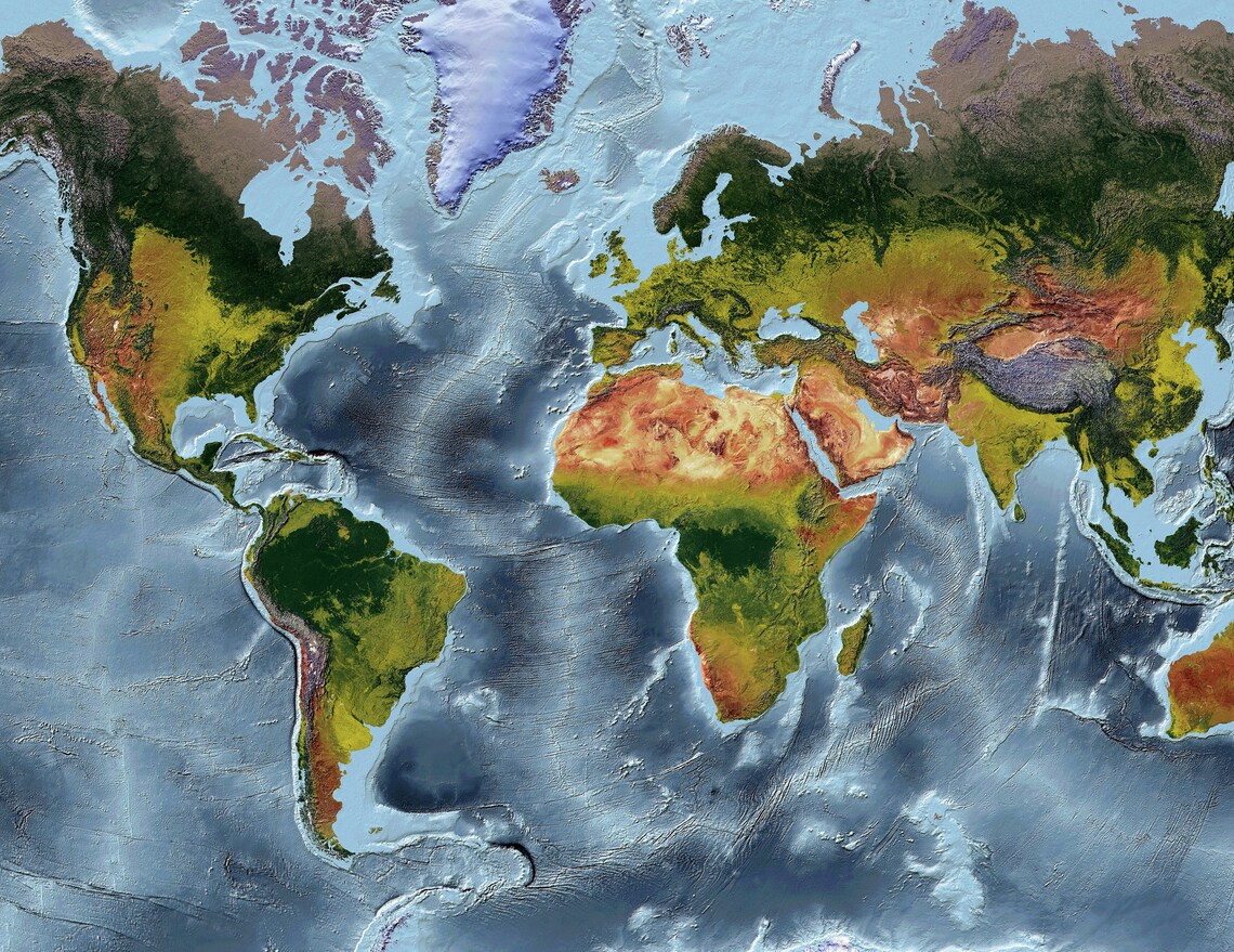 World Map, Van Der Grinten Projection, Vintage World Map, Relief World ...
