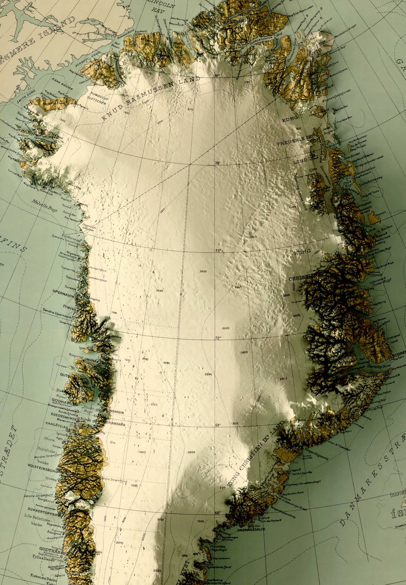 Greenland Map Greenland 2D Relief Map Denmark Map Greenland - Etsy