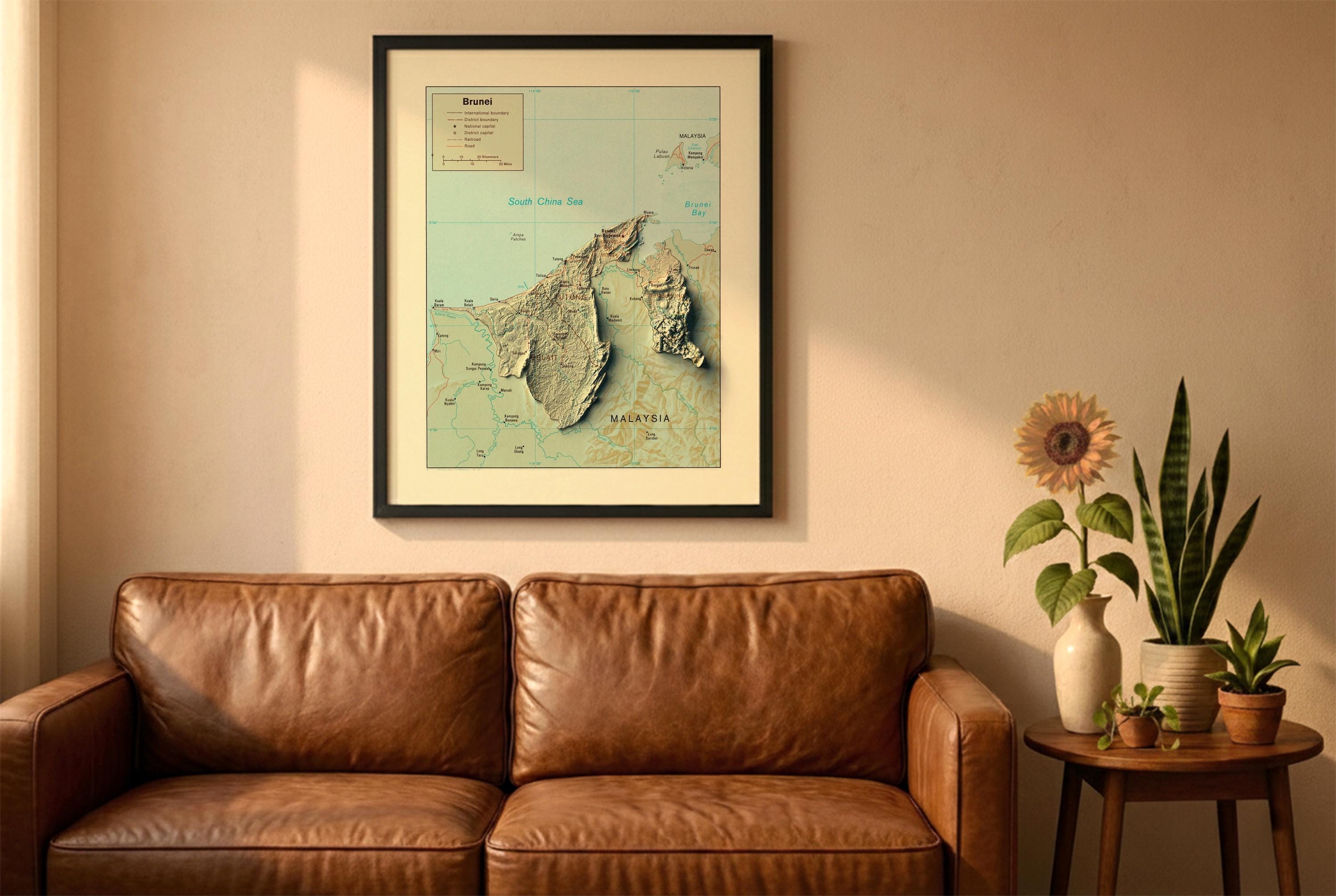 Brunei Map, Brunei 2D Relief Map, Brunei Vintage Map, Brunei Poster ...
