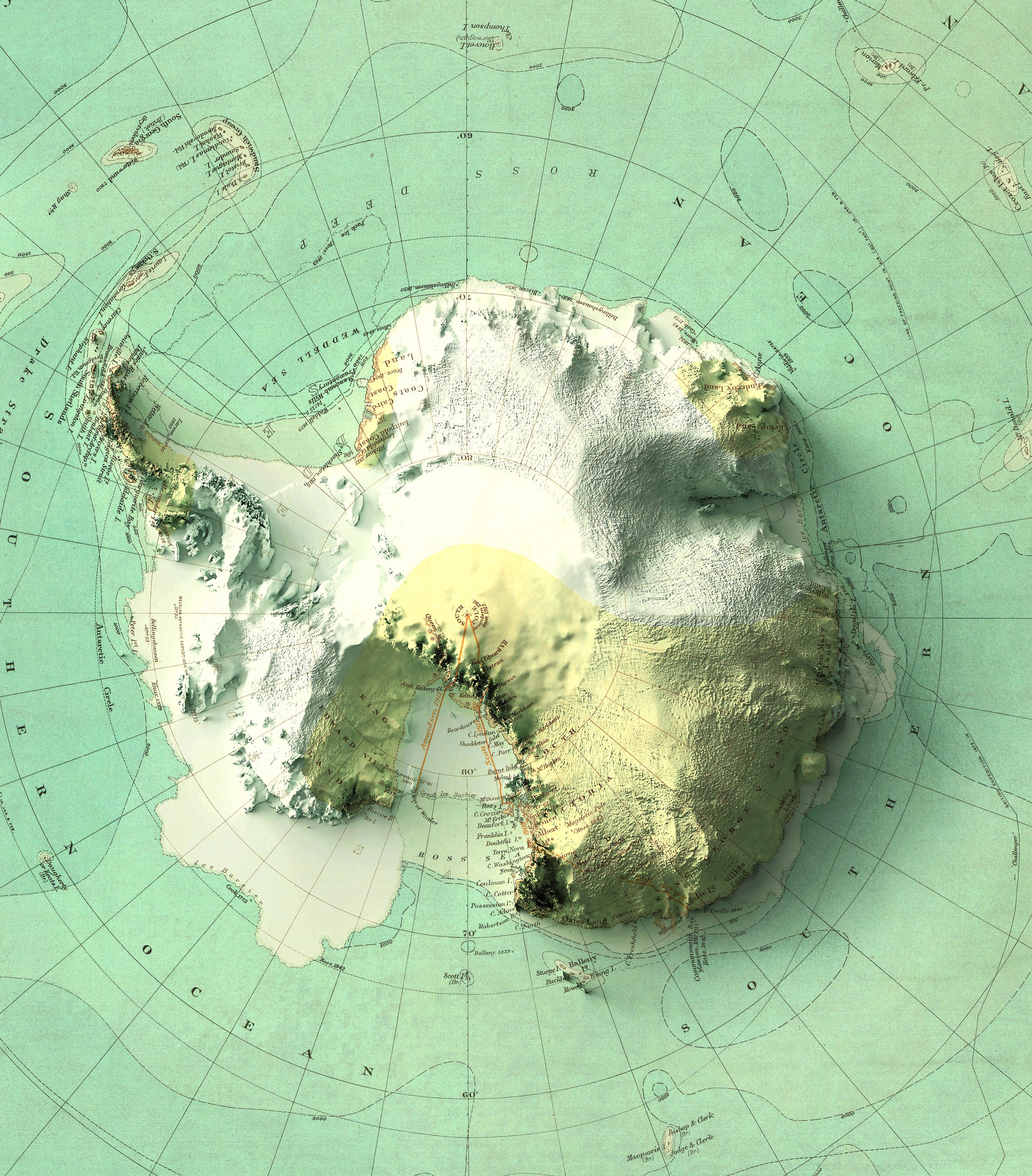 Antarctica Map, Antarctica 2D Relief Map, Antarctica Vintage Map ...