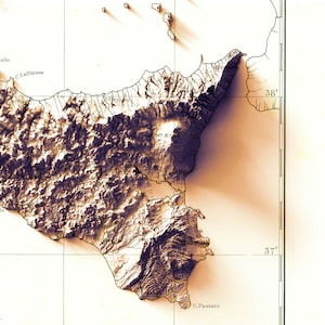 Sicily Map, Sicilia Map, Sicily 2D Relief Map, Sicily Vintage Map ...