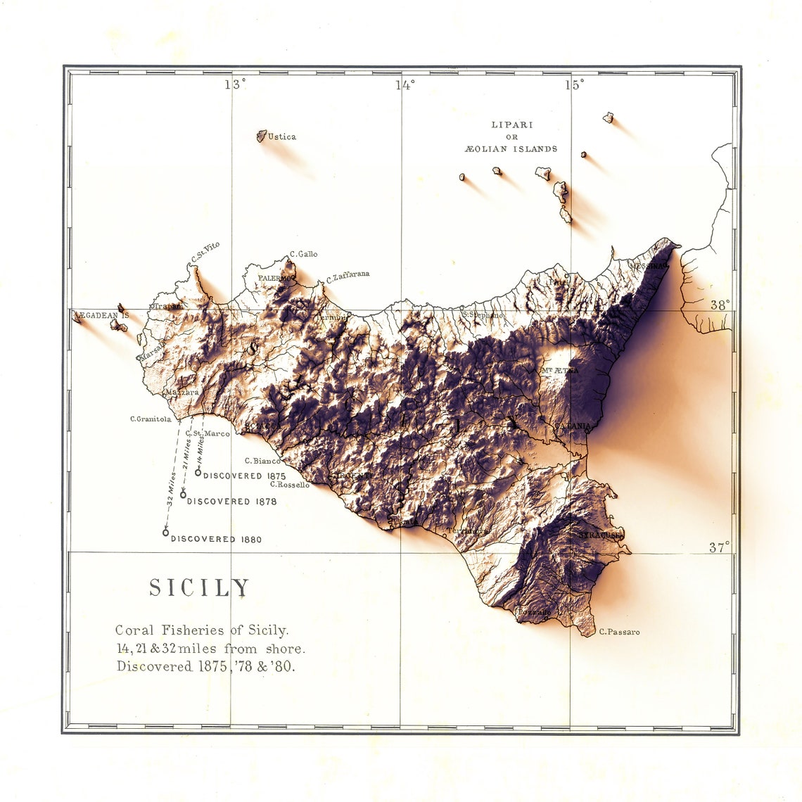 Sicily Map Sicilia Map Sicily 2D Relief Map Sicily Vintage - Etsy
