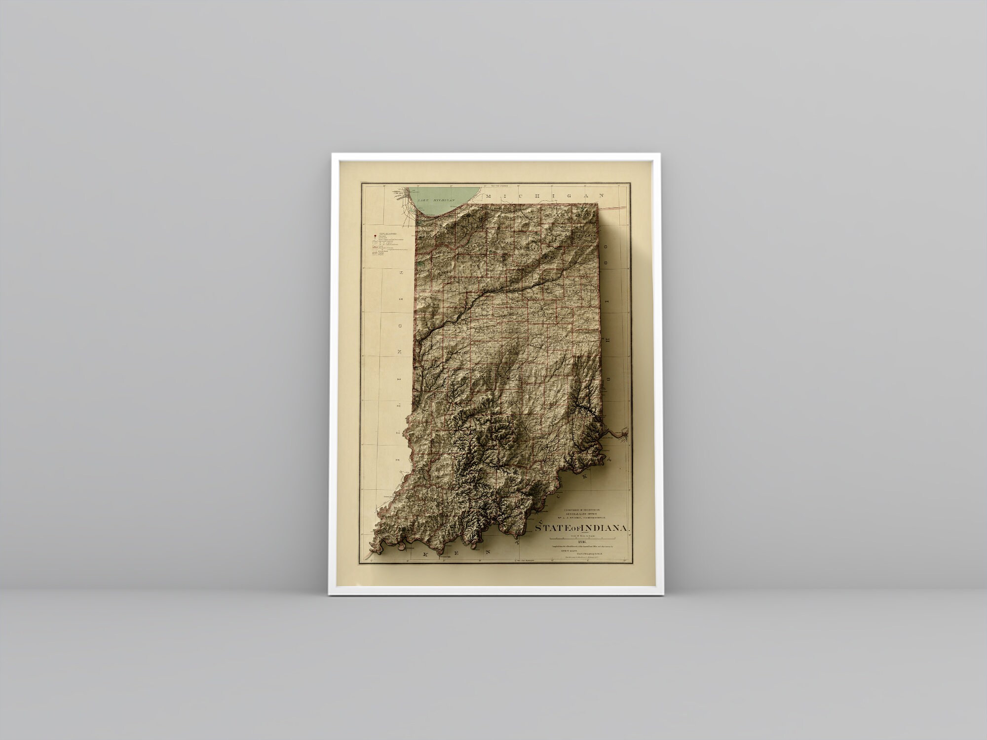 Indiana Map Indiana 2D Relief Map Indiana Vintage Print Map - Etsy