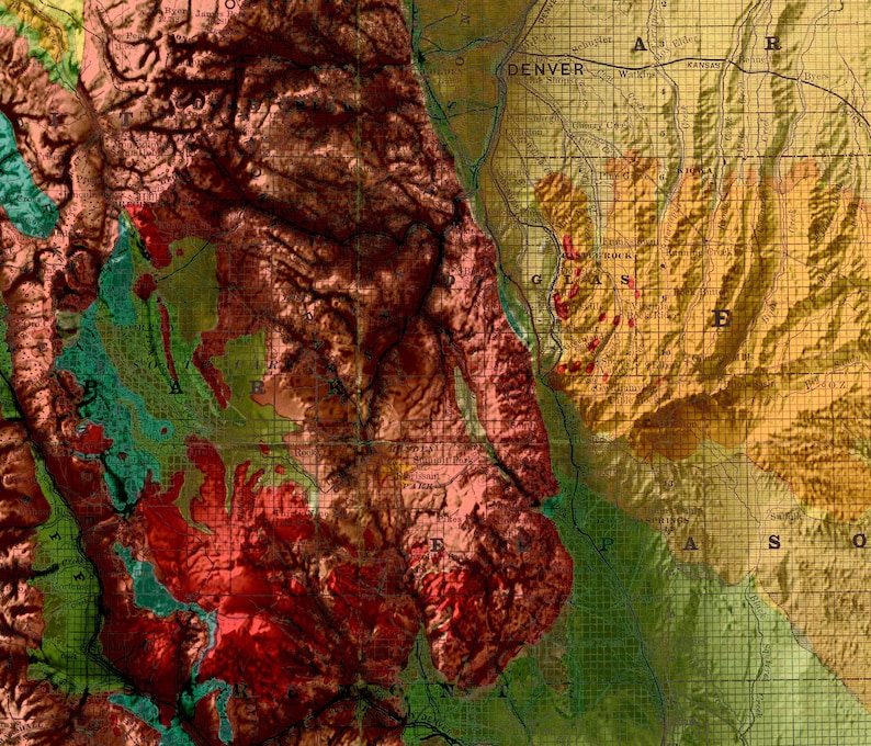 Colorado Map, Colorado 2D Relief Map, Colroado Vintage Map, Colorado ...