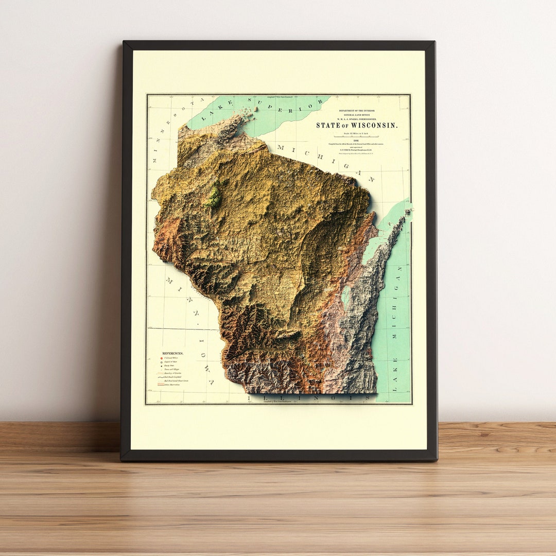 Wisconsin Map, Wisconsin 2D Relief Map, Wisconsin Vintage Old Map ...