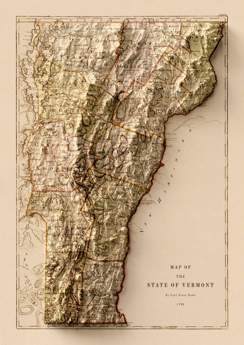 Vermont Map Vermont 2D Relief Map Vermont Vintage Map - Etsy