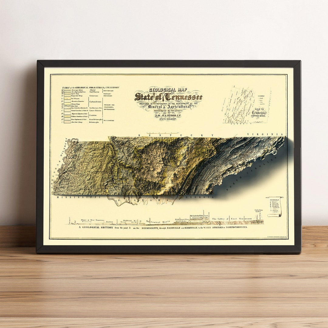 Tennessee Map, Tennessee 2D Relief Map, Tennessee Vintage Poster Map ...
