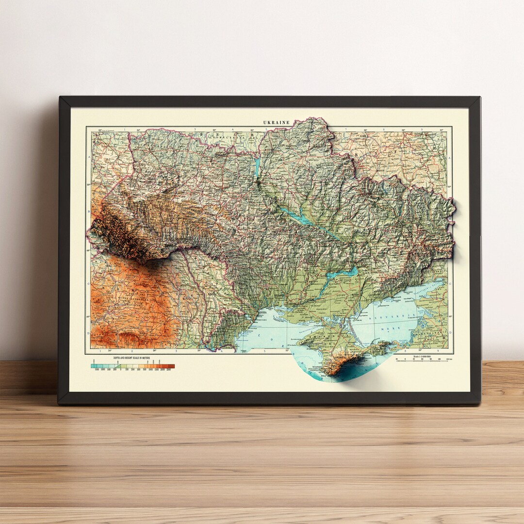 Ukraine Map, Ukraine 2D Relief Map, Ukraine Vintage Map, Ukraine Wall ...