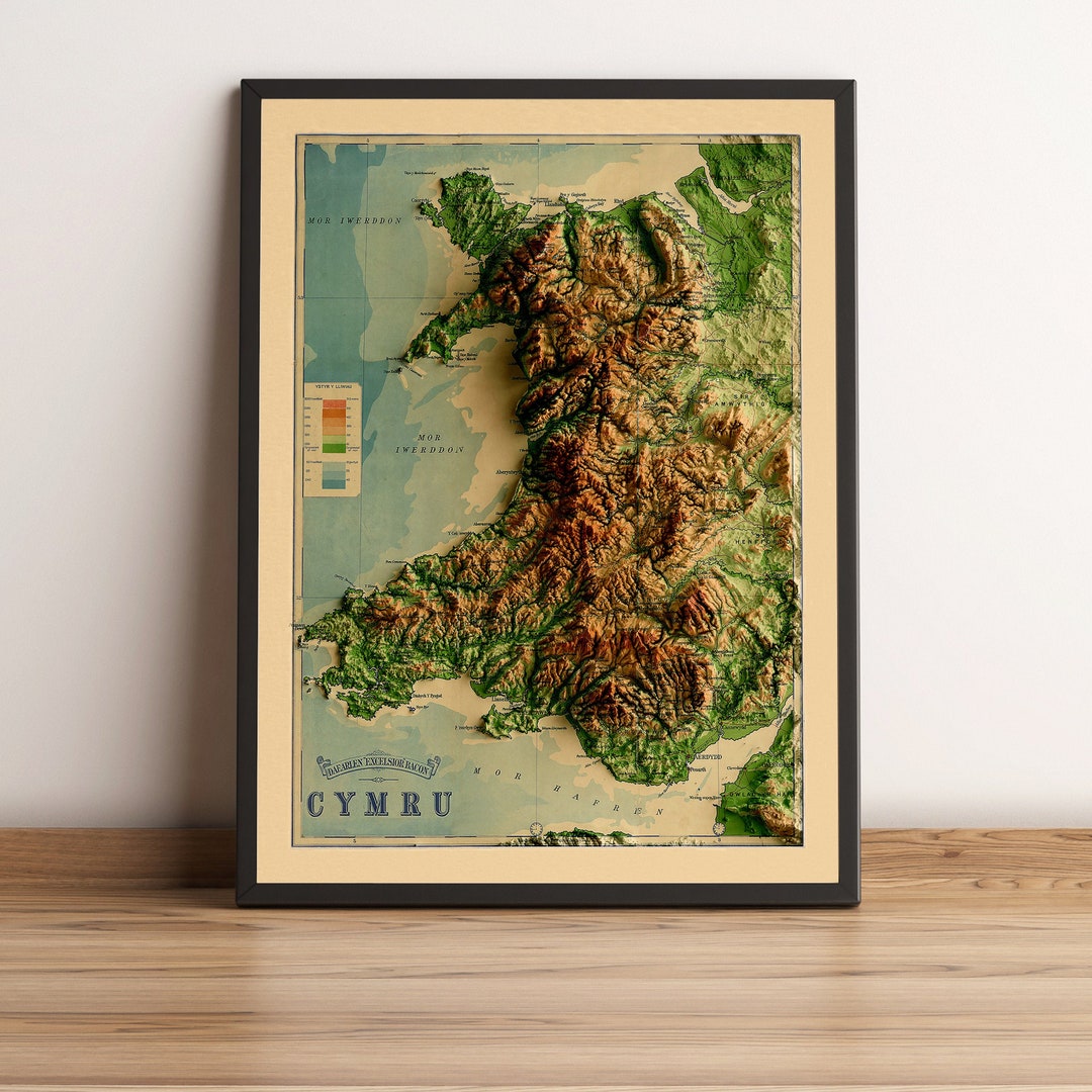 Wales Map, Wales 2D Relief Map, Wales Vintage Map, Wales Old Map, Cymru ...