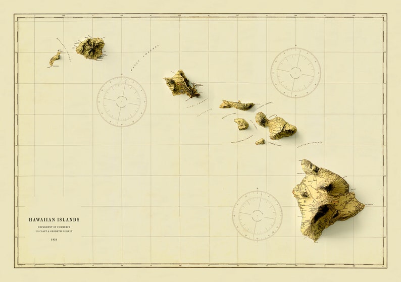 Hawaii Map Hawaii 2D Relief Map Hawaii Vintage Map Hawaiian - Etsy