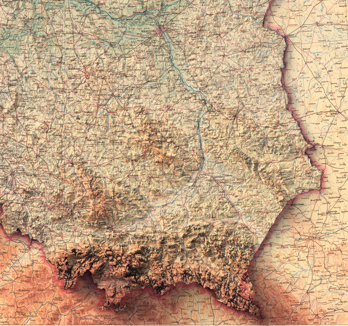 Poland Map, Poland 2D Relief Map, Poland Vintage Map, Poland Print ...