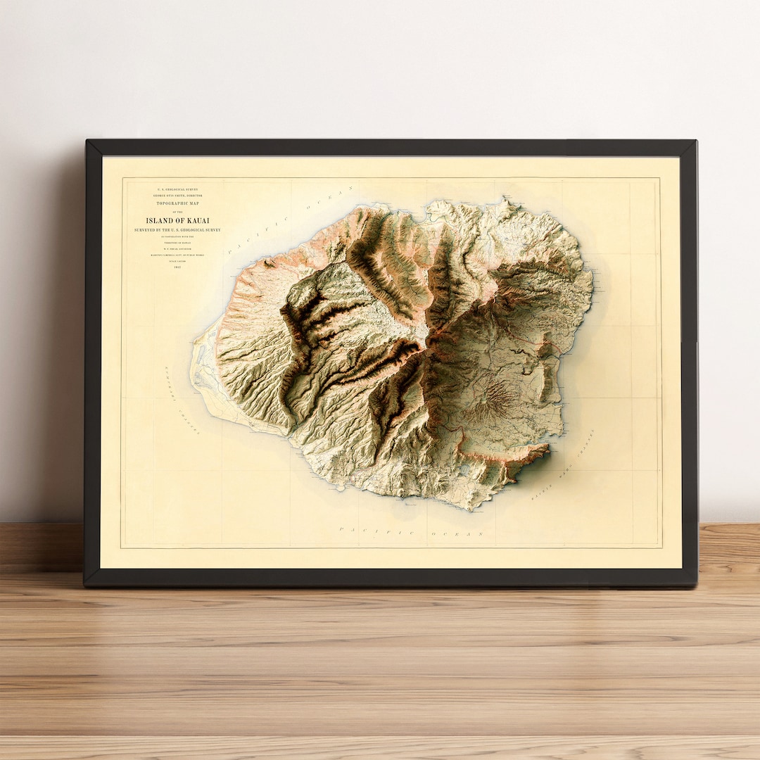 Kauai Island Map, Hawaii Map, Kauai 2D Relief Map, Kauai Vintage Map ...
