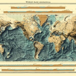 World Map, World Bathymetric 2D Relief Map, World Vintage Map, Deep ...